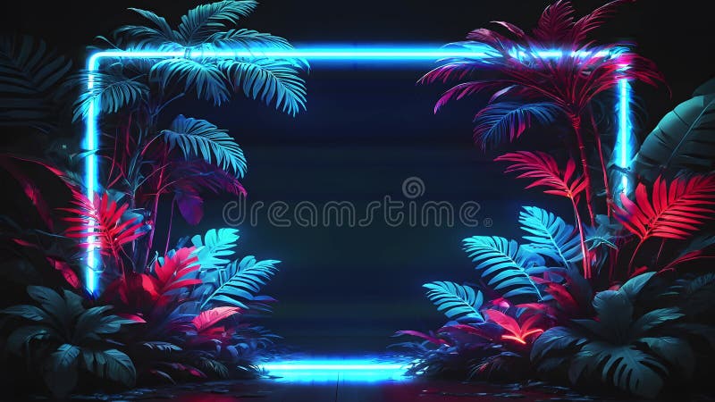 Glowing Neon Rectangle Tropical Plants Led Light Background Copy Space ...