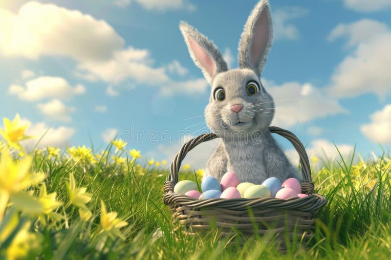 Happy Easter Carnations Eggs Peeps Basket. White Sorrows Bunny Thankful ...