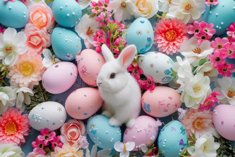 Happy Easter Joy Eggs Baby Chicks Basket. White Orange Cream Bunny ...