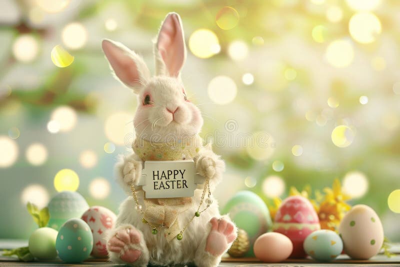 Happy Easter Seasons Greeting Eggs Bunnies Basket. White Egg Inspired ...