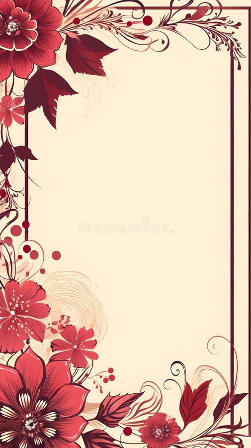A Floral Frame with Red Flowers on a Beige Background. Abstract Maroon ...