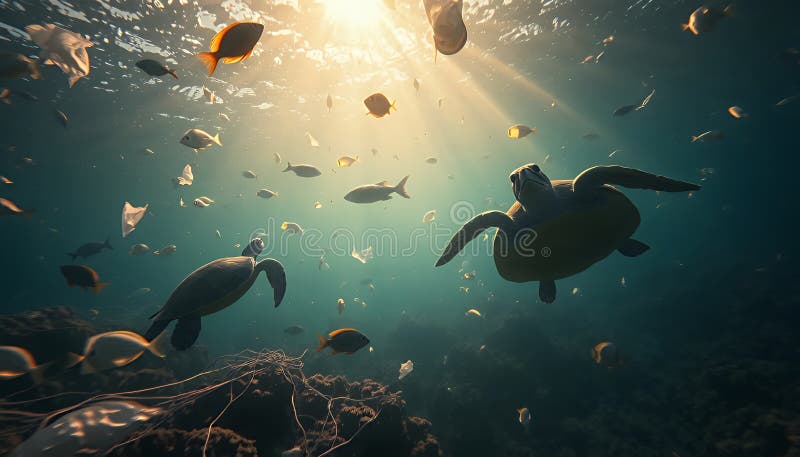 Pixelated Underwater Life Scene Sunshine through the Surface Pollution ...