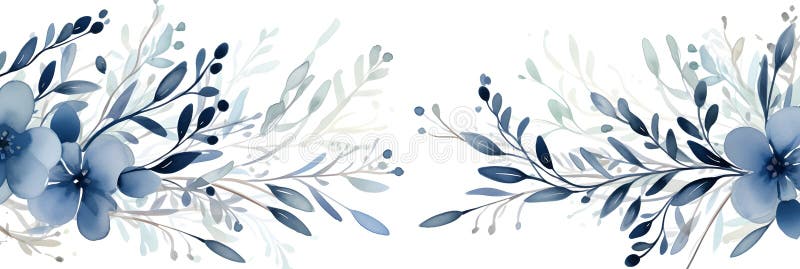 Two Blue Flowers and Leaves on a White Background. Abstract Blue ...