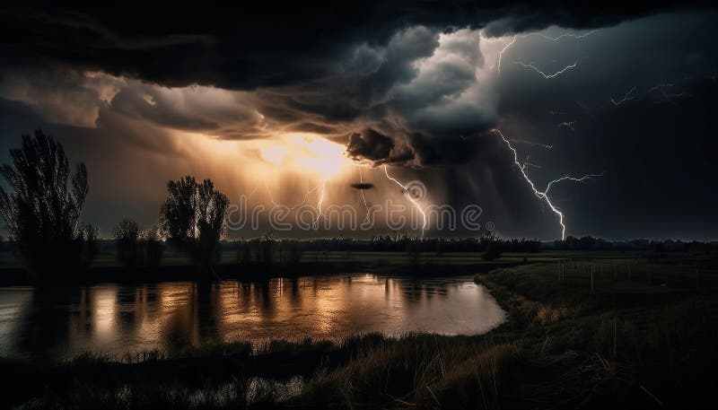 Electricity Sparks Danger in the Stormy Night Sky Generated by AI Stock ...