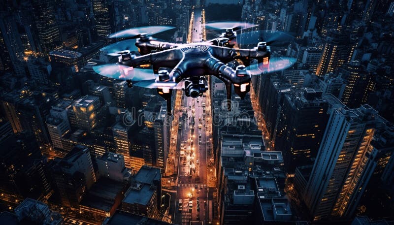 Flying Drones Illuminate Busy City Streets at Night Generated by AI ...