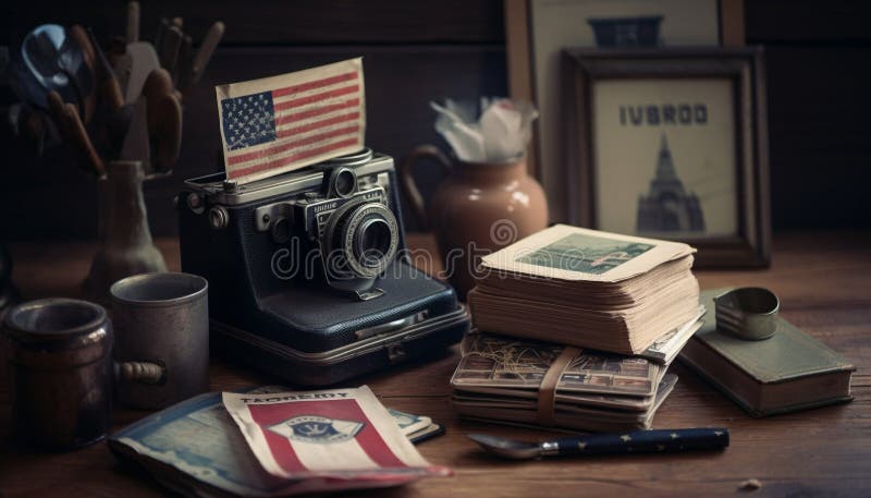 Old Fashioned Table Holds Antique Camera Collection Generated by AI ...