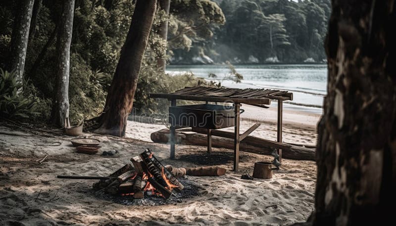 Outdoors Adventure, Burning Campfire Warms Old Pine Generated by AI ...