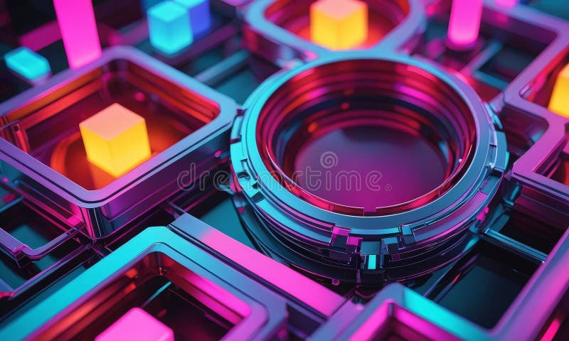 Camera Lens Surrounded by Colorful Cubes Stock Illustration ...