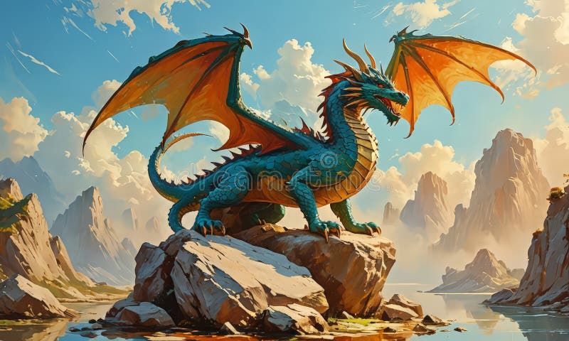 Dragon is Sitting on Rock by the Water Stock Illustration ...