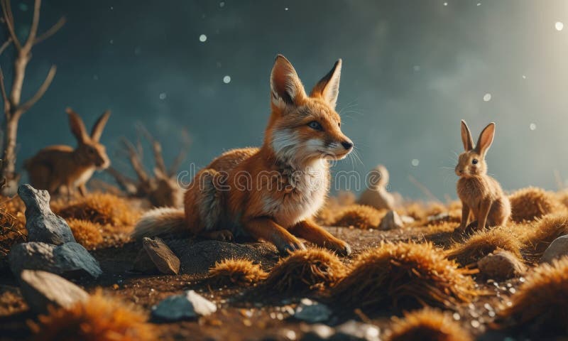 Fox and Two Rabbits in the Grass Stock Illustration - Illustration of ...