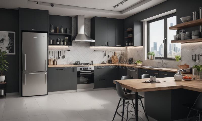 Kitchen with Table and Refrigerator Stock Illustration - Illustration ...