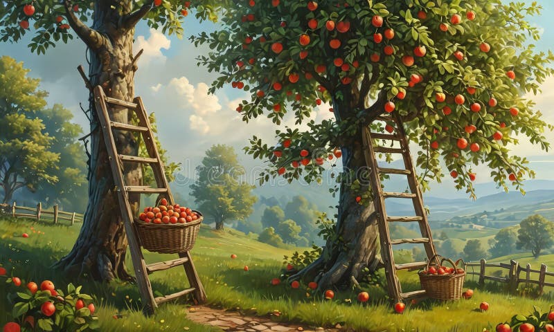 Painting Apple Tree with Ladder and Basket Apples Stock Illustration ...