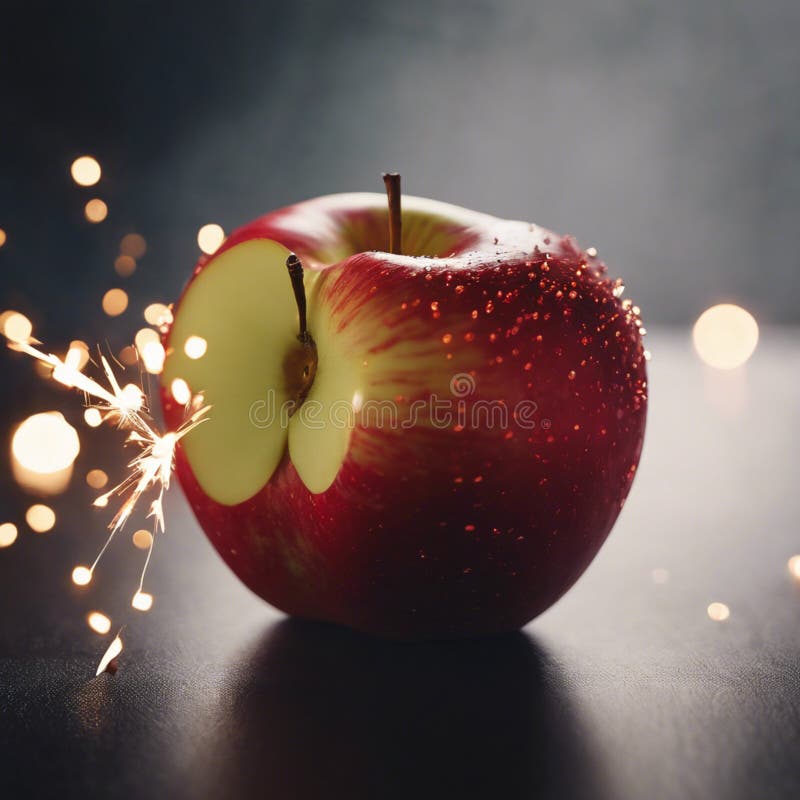 Sparkling Apple with Fireworks Effect Captured in a Dimly Lit Setting ...