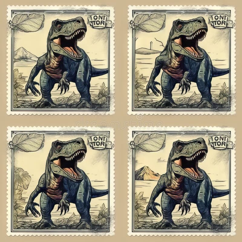 Prehistoric Majesty: Set of 4 Vintage Stamps Featuring T-Rex Stock ...