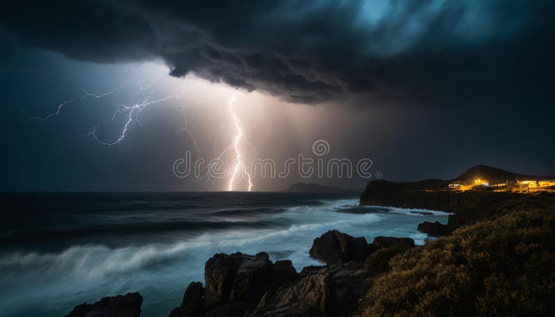 Tempest Forms Off Coast, with Dark Clouds and Lightning Stock Photo ...