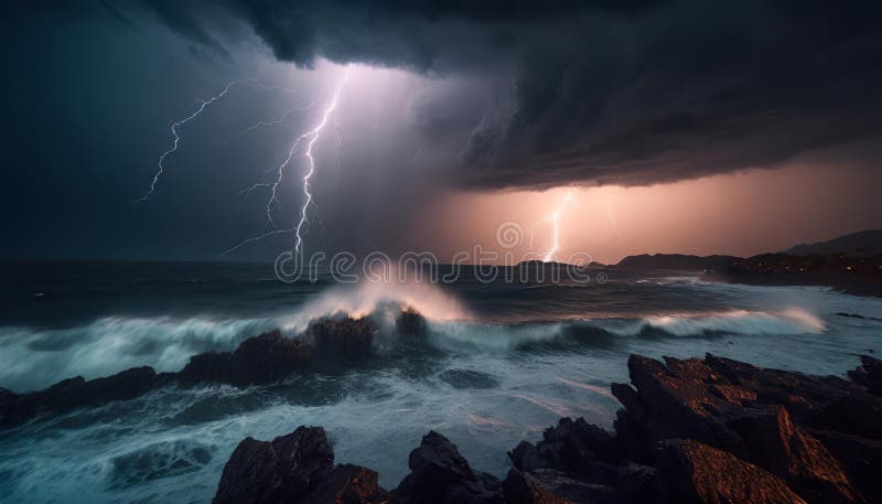 Tempest Forms Off Coast, with Dark Clouds and Lightning Stock Photo ...