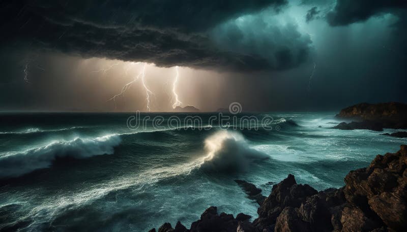 Tempest Forms Off Coast, with Dark Clouds and Lightning Stock ...