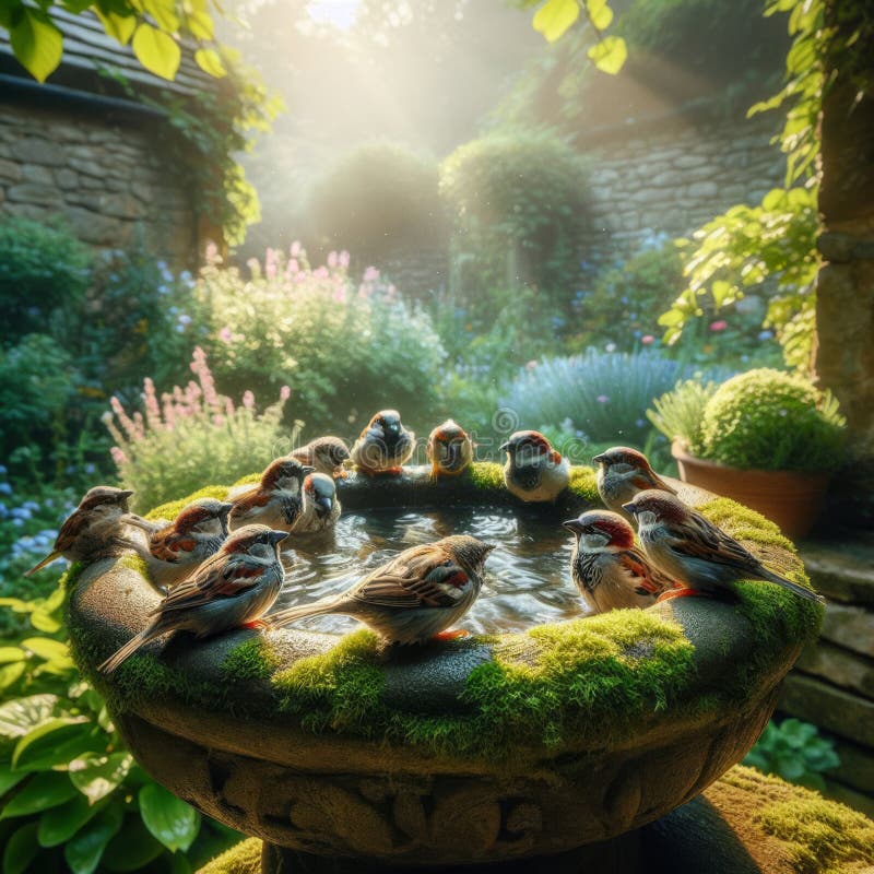 Group of Sparrows Enjoy a Moment of Cleanliness in Bird Bath Stock ...