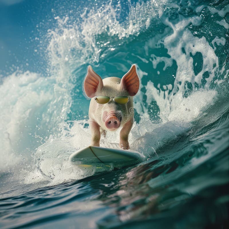 Funny Pig in Sunglasses Surfing on a Surfboard in the Ocean. Stock ...