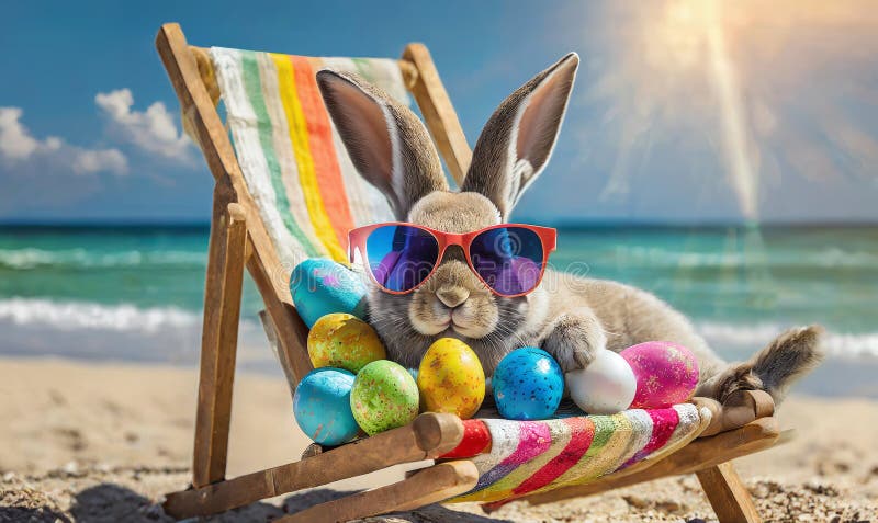 Easter Bunny with Sunglasses is Relaxing with Colorful Eggs in a Sun ...