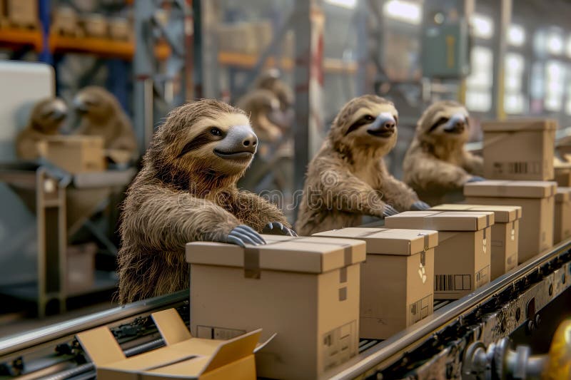 Sloths are Dressed in Work Attire on a Conveyor Belt within an ...
