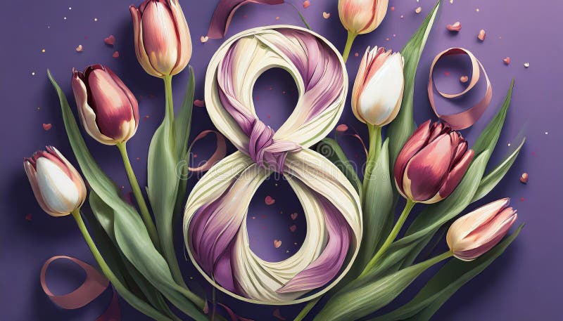 8 March Card Design with Tulips on Violet Background, Flat Lay ...