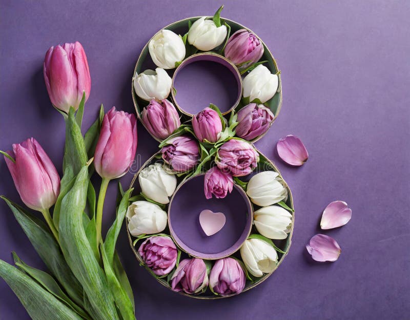 8 March Card Design with Tulips on Violet Background, Flat Lay ...