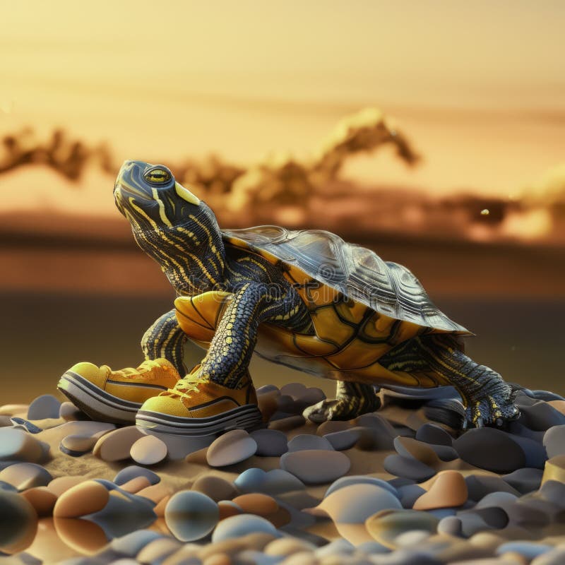 Turtle and Shoes on the Sand at Sunset. 3d Render Stock Illustration ...