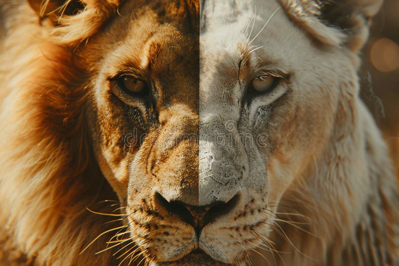 Split Face Portrait of Lion and Lioness Stock Illustration ...