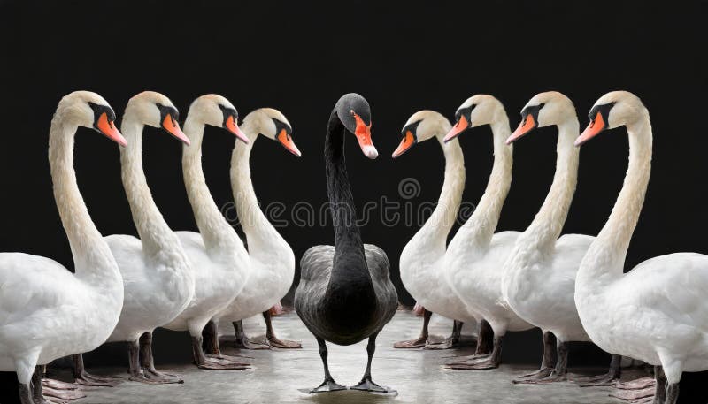 Black Swan in a Flock of White Swans Stock Illustration - Illustration ...