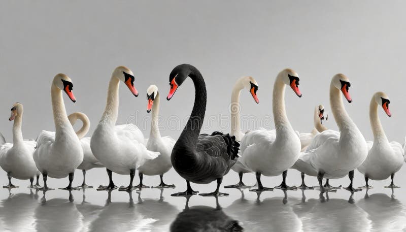 Black Swan in a Flock of White Swans Stock Illustration - Illustration ...