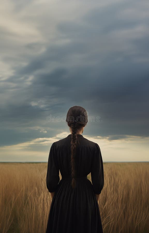 Back View of a Pretty Young Early American Amish Pioneer Woman in a ...