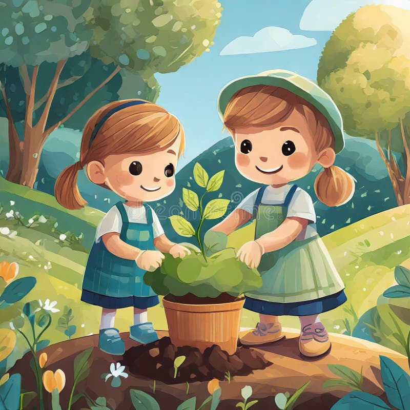 AI Generated Kids Planting Tree Stock Illustration - Illustration of ...