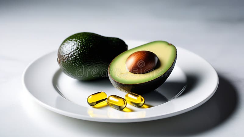 On the Plate There is an Avocado Fruit and Capsules with Biologically ...