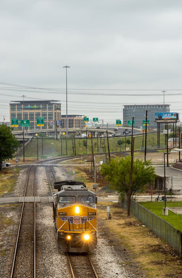 Railroad Diesel Engine Locomotive in San Antonio, Texas Viewed from Hays Street Pedestrian ...