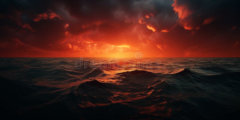 Seascape. Dramatic Flaming Red Stormy Cloudy Sky Reflecting on the ...