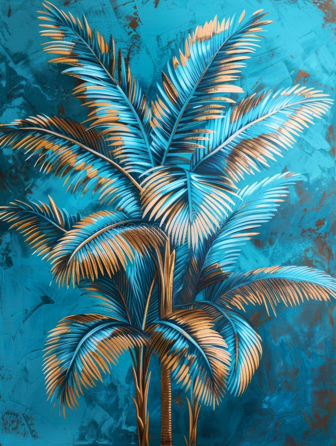 Vintage Turquoise Palm Tree Watercolor Painting. Stock Illustration ...