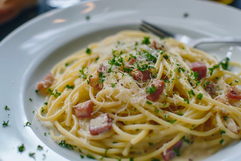 Close-Up Spaghetti Carbonara Served on a Plate in Food Restaurant ...
