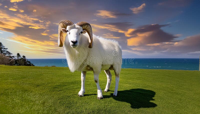 Full Body View of a Furry Large Male Ram, Standing on a Green Grass ...
