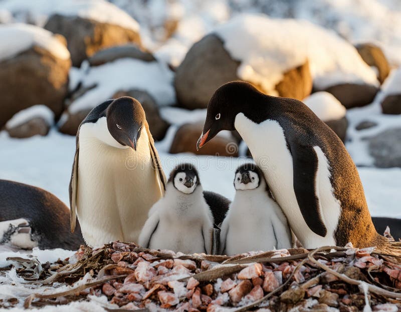 A Penguin Family in Their Icy Habitat Stock Illustration - Illustration ...