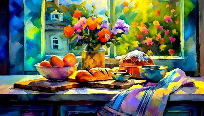 An Artistic Sketch of a Still Life Set Up Showing Baked Bread in a ...