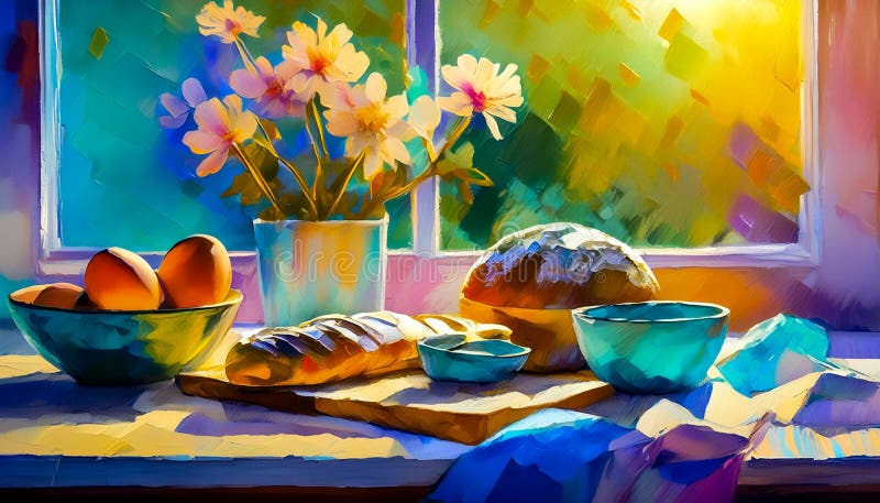 An Artistic Sketch of a Still Life Set Up Showing Baked Bread in a ...