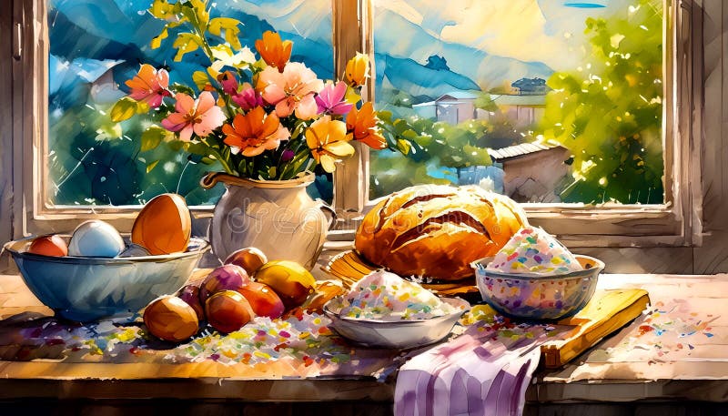 An Artistic Sketch of a Still Life Set Up Showing Baked Bread in a ...