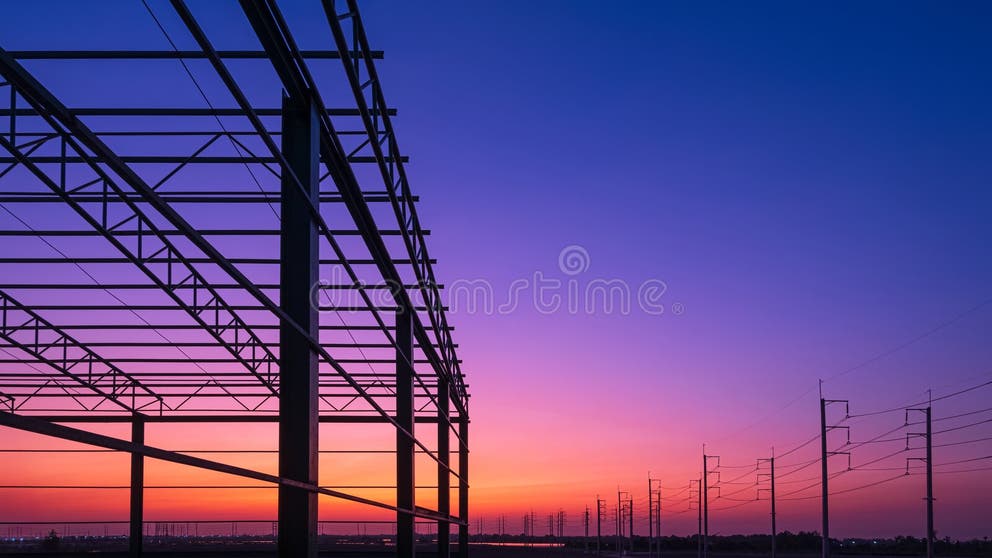 Silhouette Metal Framework of New Warehouse Building Structure with Row ...