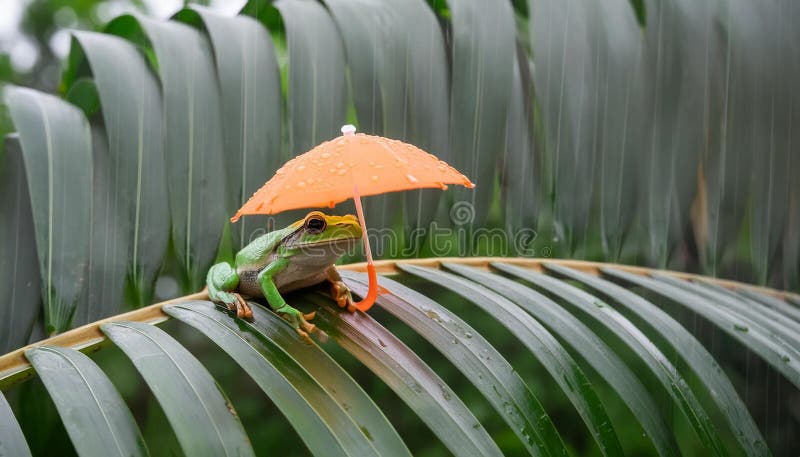 Green Frog with Orange Umbrella on Tall Leaf Stock Illustration ...