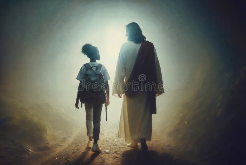 Jesus Walking Side by Side with a Young African American Girl Stock ...