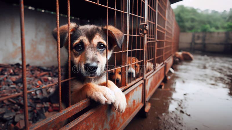 Sad Stray Homeless Dog in an Animal Shelter Cage. an Old Rusty Cage ...