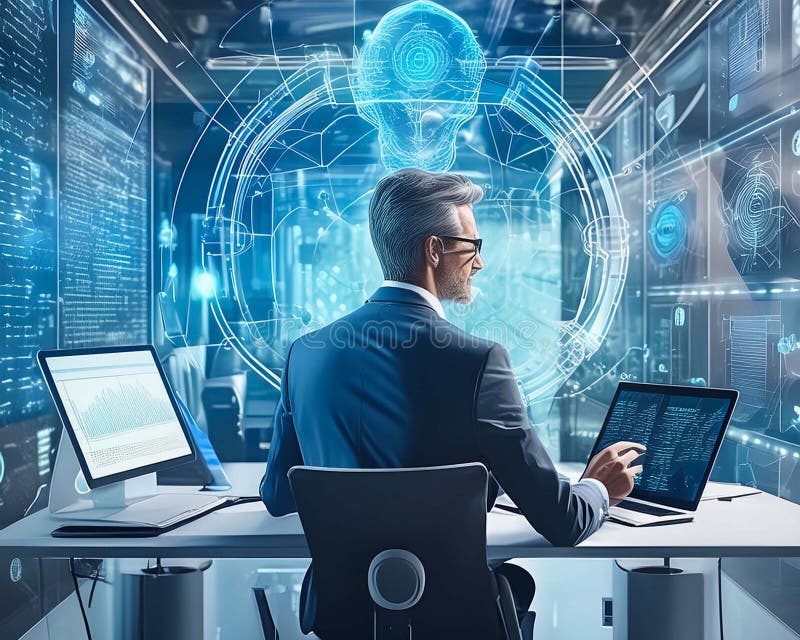 Businessman Working in a Futuristic Office with Artificial Intelligence ...