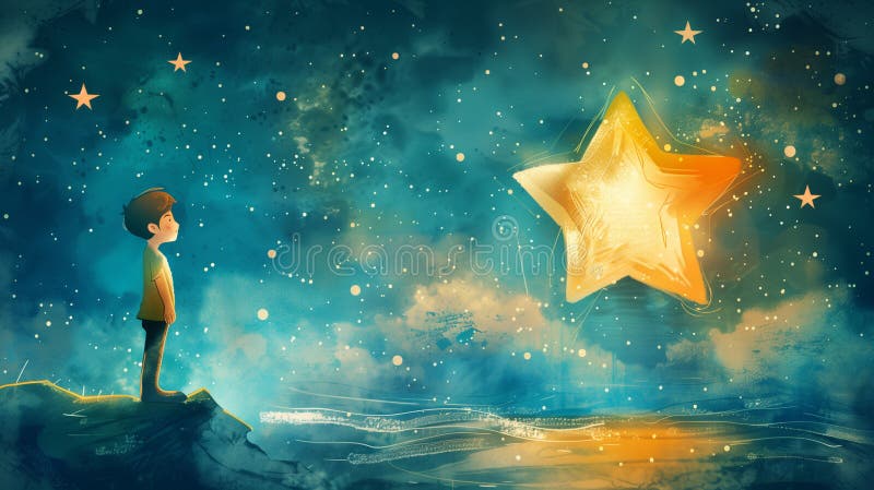 Illustration of a Kid Watching a Glowing Star in Fantasy World Stock ...