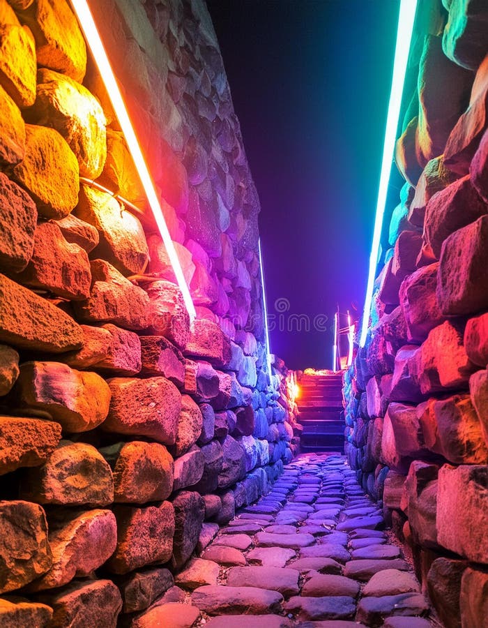 Neon Colorful Lights on Old Bricks and Stones at Night Stock ...